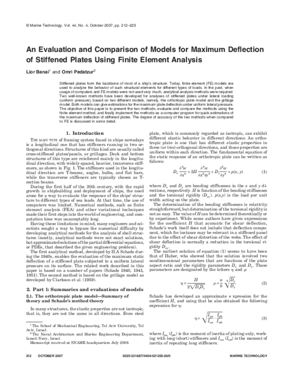 Pdf An Evaluation And Comparison Of Models For Maximum Deflection Of Stiffened Plates Using
