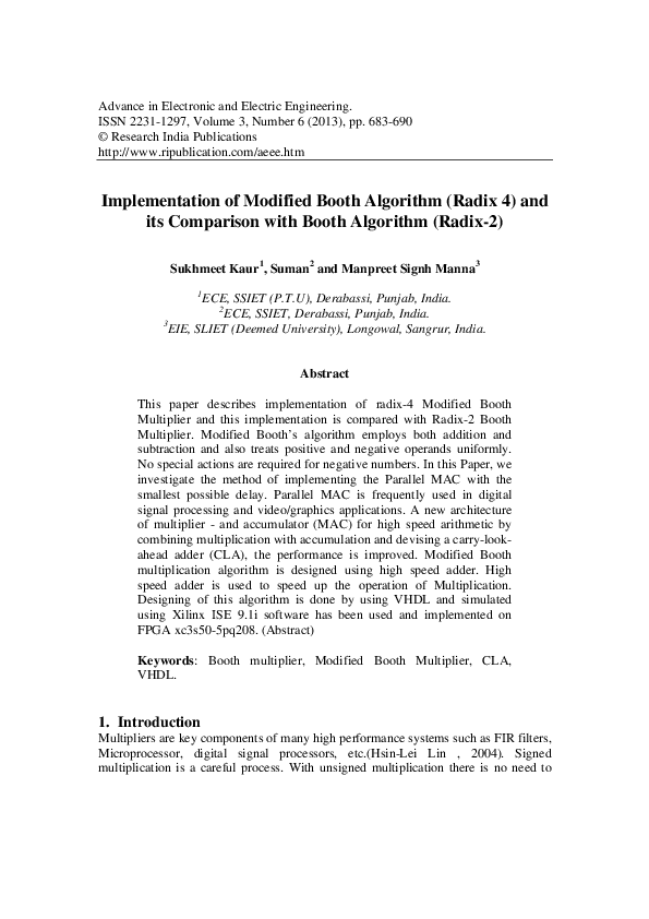 Pdf Implementation Of Modified Booth Algorithm Radix 4 And Its Comparison With Booth