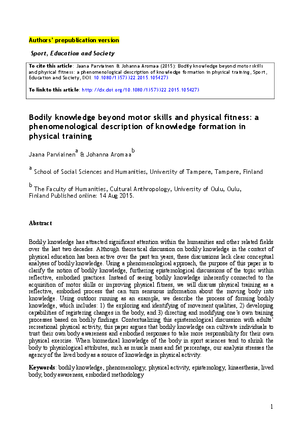 (PDF) Parviainen, J. & Aromaa, J. 2015. Bodily Knowledge beyond Motor ...