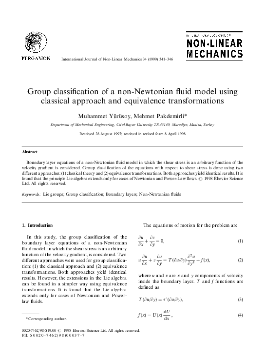 Pdf Group Classification Of A Non Newtonian Fluid Model Using