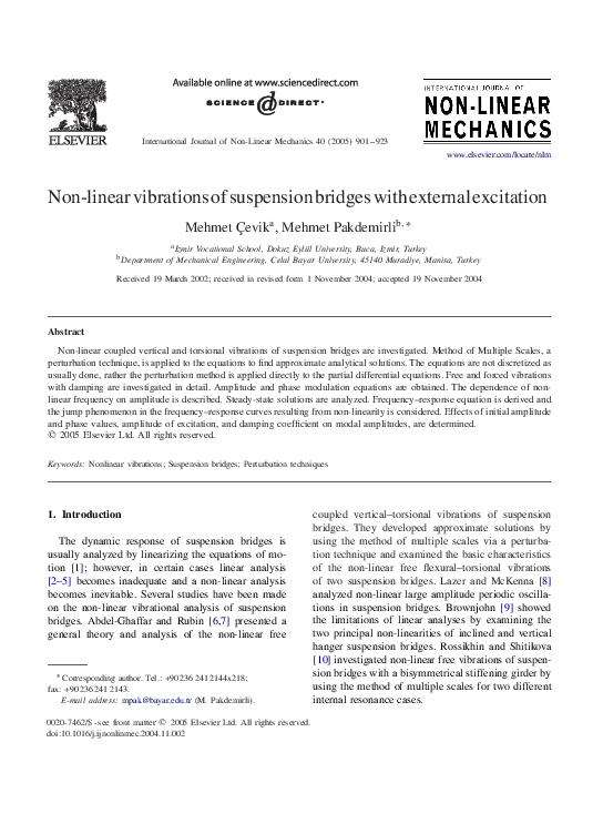(PDF) Non-linear vibrations of suspension bridges with external excitation (PDF) Non-linear vibrations of suspension bridges with external excitation