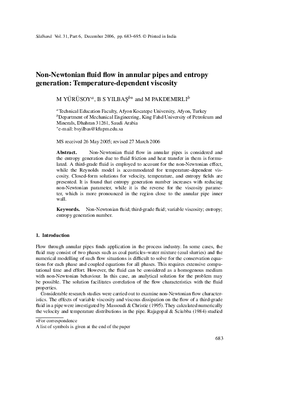 (PDF) Non-Newtonian fluid flow in annular pipes and entropy generation: Temperature-dependent ...