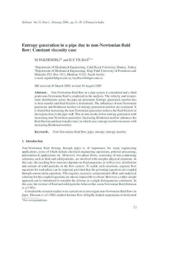 Pdf Entropy Generation In A Pipe Due To Non Newtonian Fluid Flow