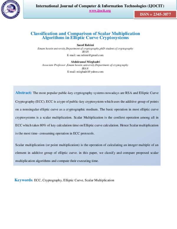 Pdf Classification And Comparison Of Scalar Multiplication Algorithms In Elliptic Curve