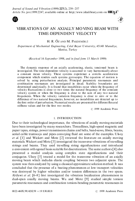(PDF) VIBRATIONS OF AN AXIALLY MOVING BEAM WITH TIME-DEPENDENT VELOCITY