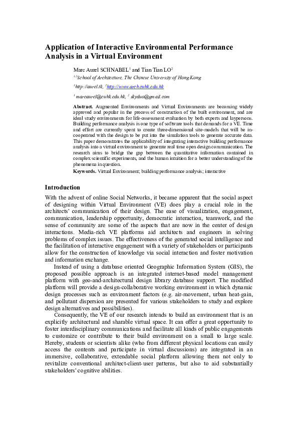 Doc Application Of Interactive Environmental Performance Analysis In A Virtual Environment