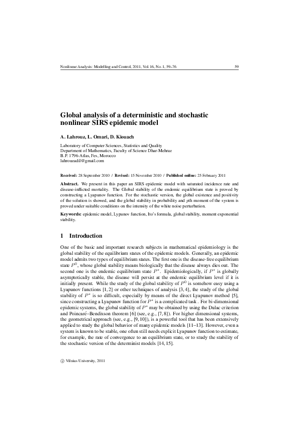 Pdf Global Analysis Of A Deterministic And Stochastic Nonlinear Sirs