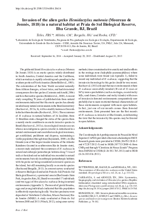 (PDF) Invasion of the alien gecko Hemidactylus mabouia (Moureau de ...
