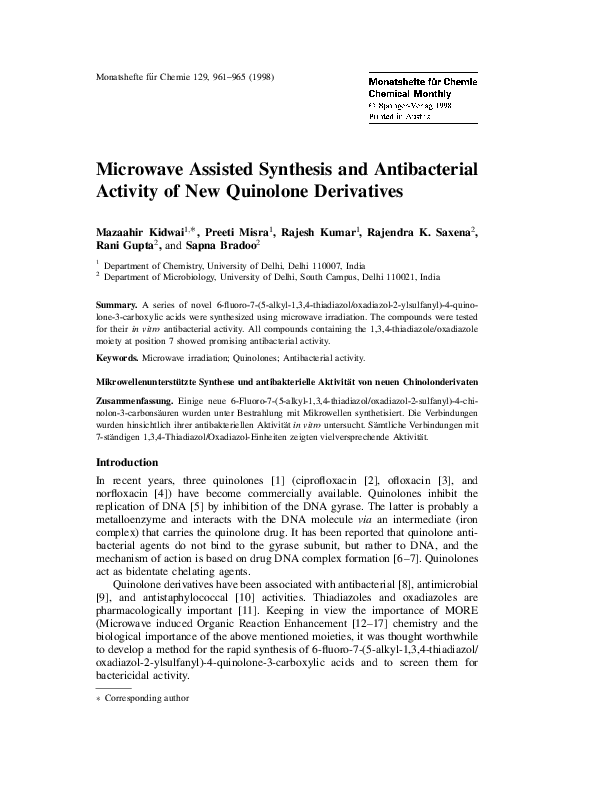(PDF) Microwave assisted synthesis and antibacterial activity of new quinolone derivatives