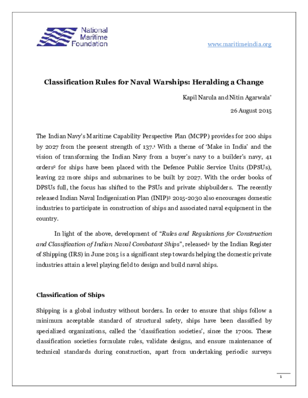 Classification Rules for Naval Warships Heralding a Change