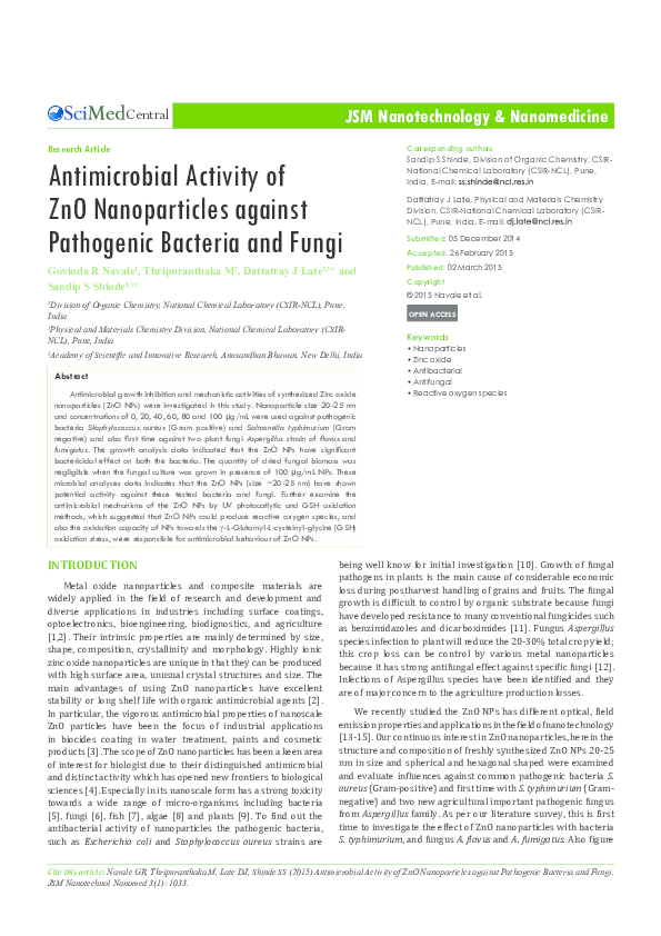 (PDF) Antimicrobial Activity of ZnO Nanoparticles against Pathogenic Bacteria and Fungi