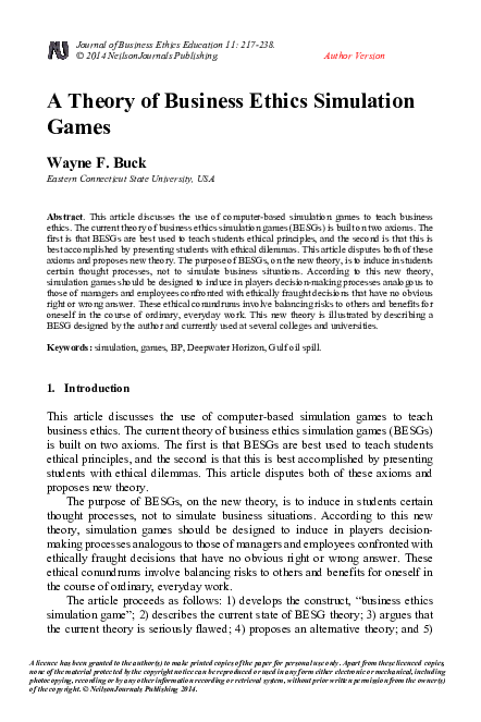 (PDF) A Theory of Business Ethics Simulation Games