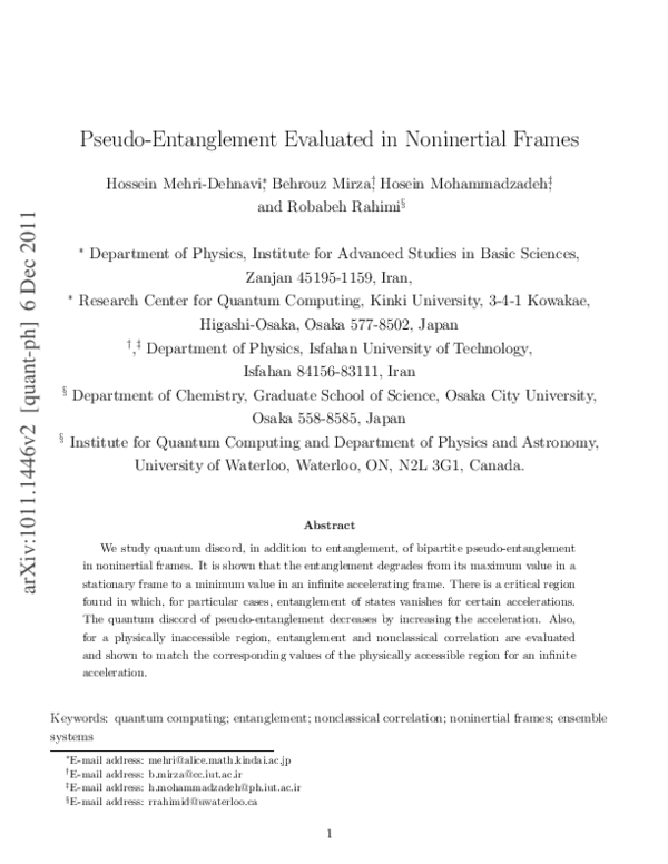 (PDF) Pseudo-Entanglement Evaluated in Noninertial Frames