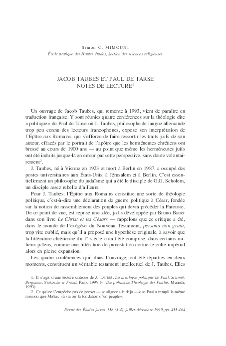 (PDF) « Jacob Taubes et Paul de Tarse. Notes de lecture », dans Revue ...
