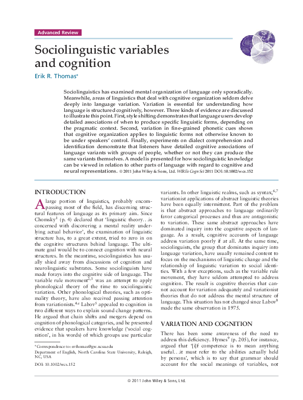 (PDF) Sociolinguistic variables and cognition