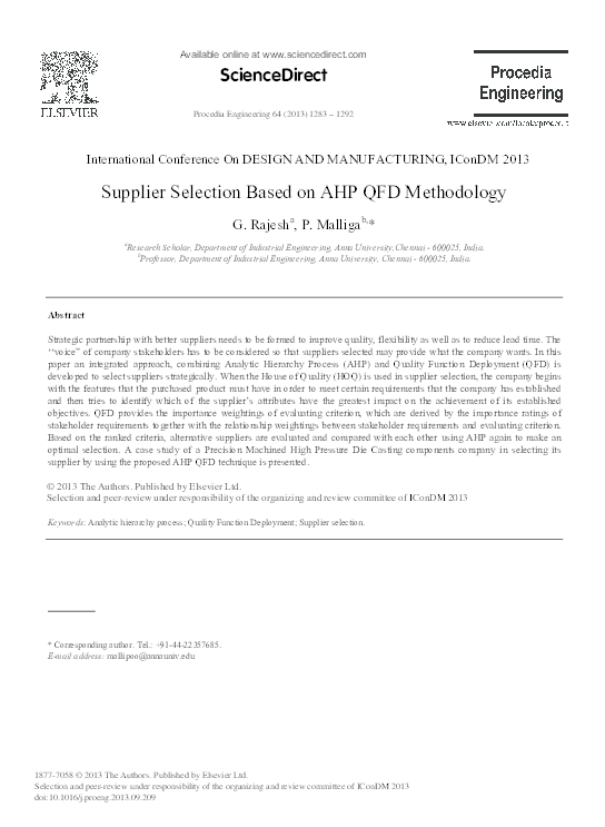 Pdf Supplier Selection Based On Ahp Qfd Methodology