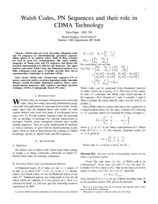 (PDF) Walsh Codes, PN Sequences and their role in CDMA Technology
