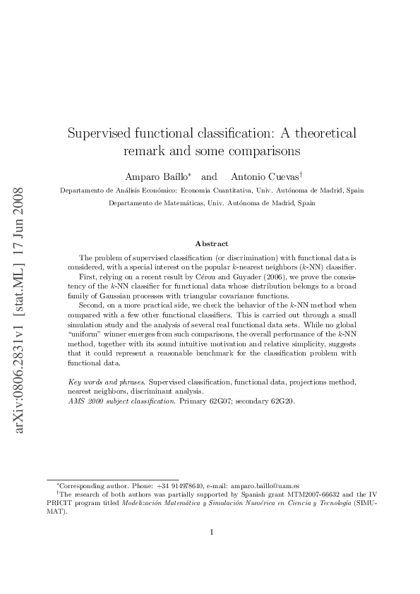 (PDF) Supervised functional classification: A theoretical remark and some comparisons