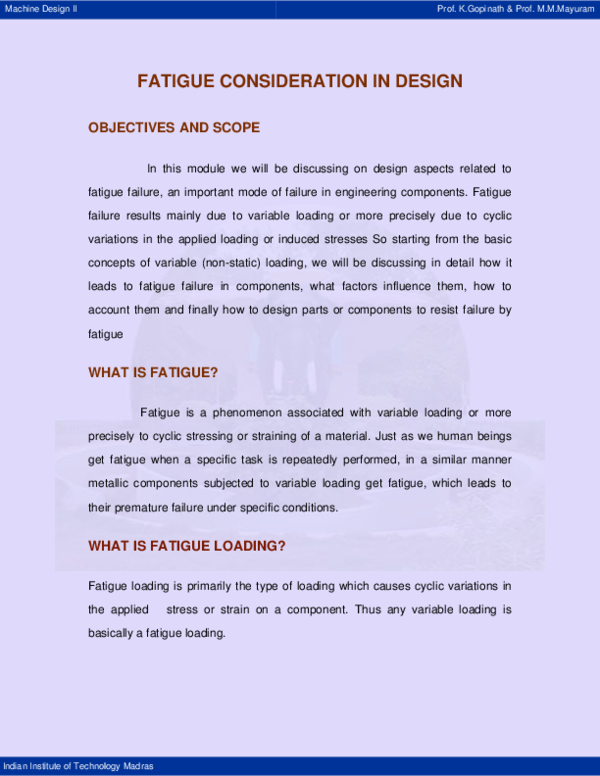 (PDF) Machine Design II FATIGUE CONSIDERATION IN DESIGN OBJECTIVES AND ...