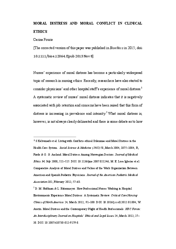 (PDF) Moral Distress and Moral Conflict in Clinical Ethics