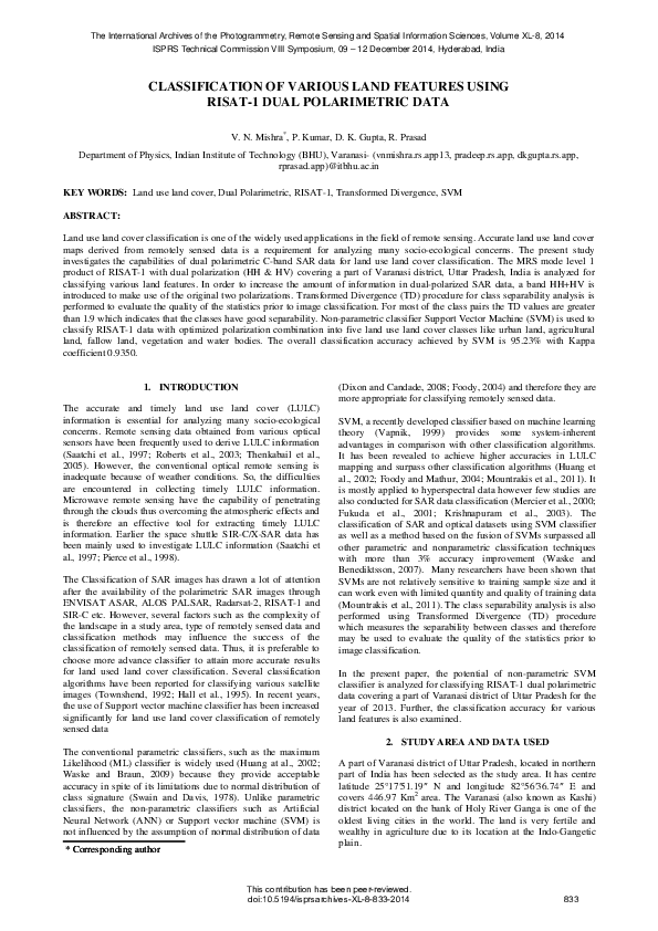 Pdf Classification Of Various Land Features Using Risat 1 Dual Polarimetric Data