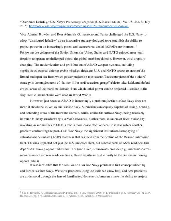 (PDF) Hatfield, Joseph M., 2015. "On Distributed Lethality," U.S. Navy's Proceedings Magazine (U ...
