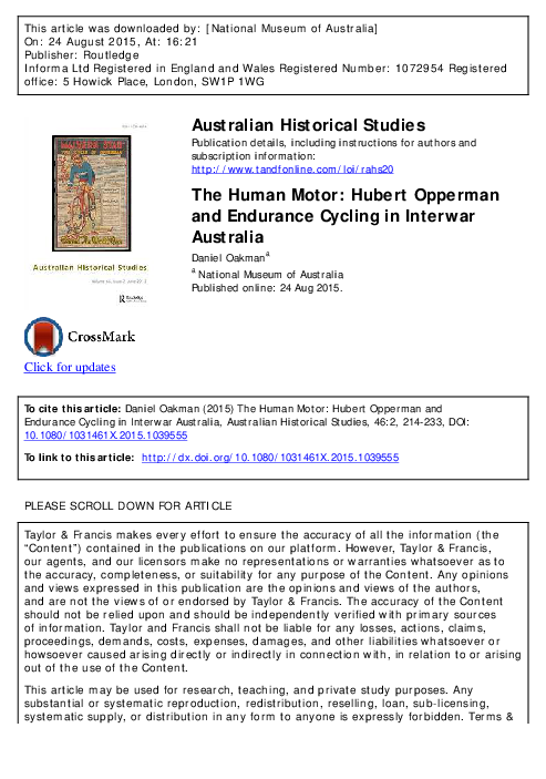 (PDF) The Human Motor: Hubert Opperman and Endurance Cycling in ...