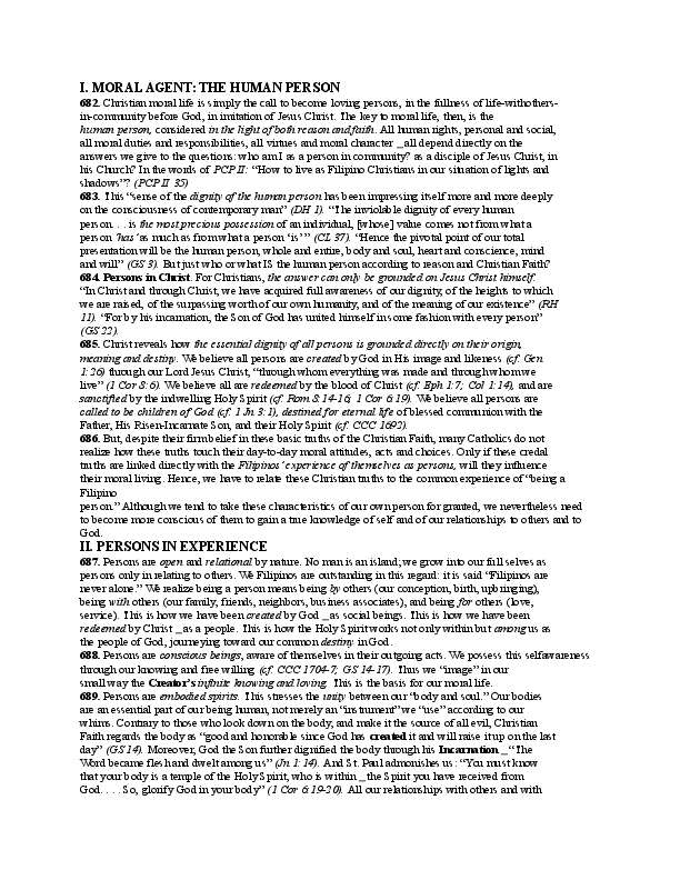 (DOC) I. MORAL AGENT: THE HUMAN PERSON