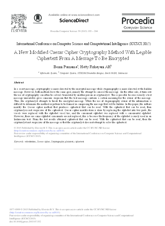 Pdf A New Modified Caesar Cipher Cryptography Method With Legible Ciphertext From A Message To