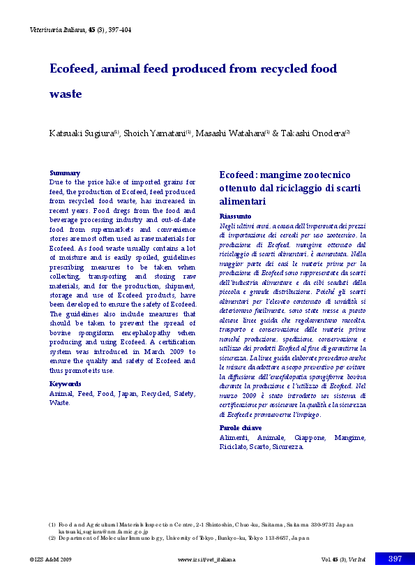 (PDF) Ecofeed, animal feed produced from recycled food waste