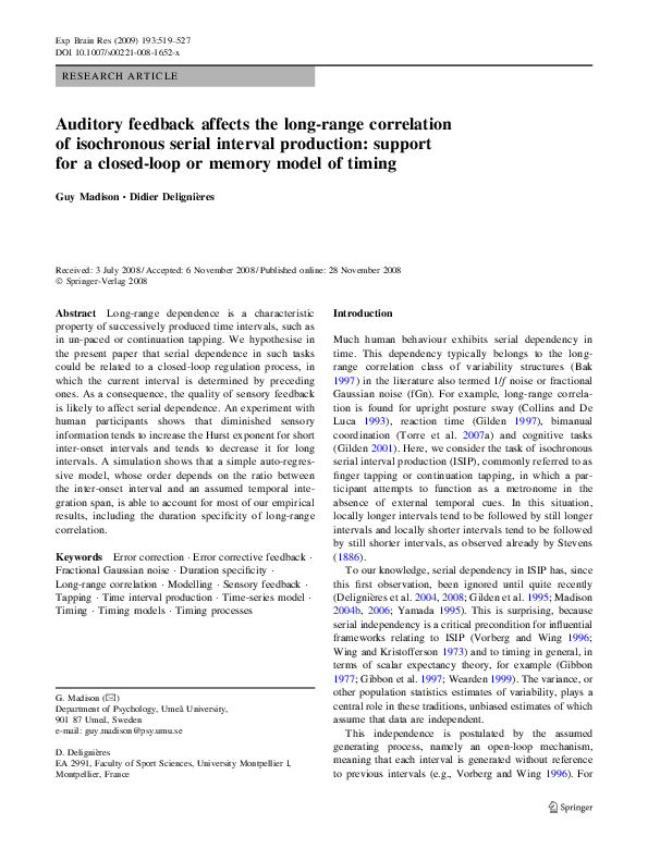 Auditory feedback affects the long-range correlation of isochronous ...