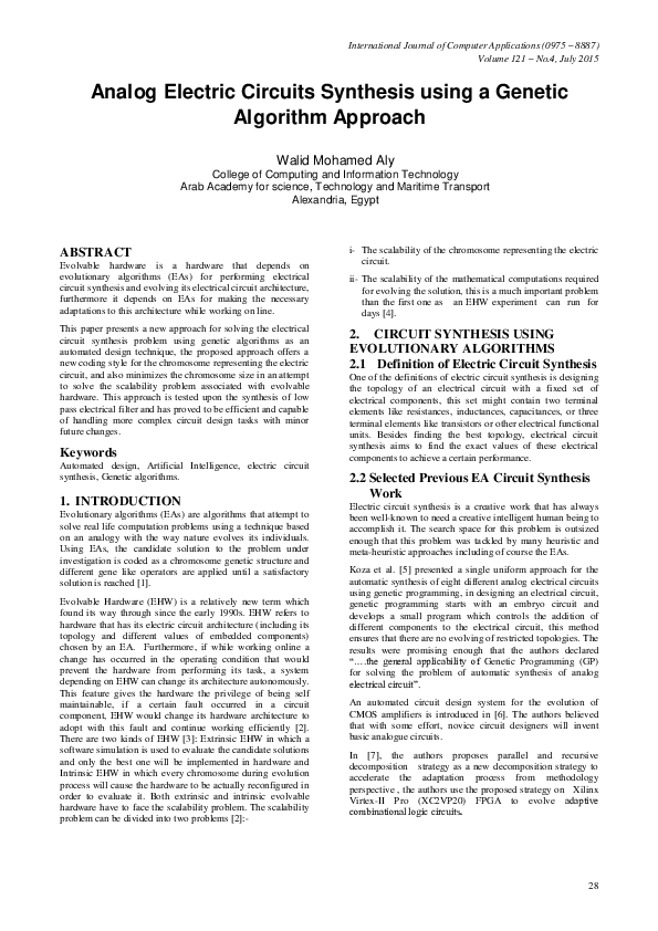 Pdf Analog Electric Circuits Synthesis Using A Genetic Algorithm Approach