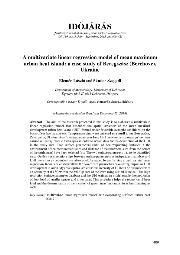 (PDF) A multivariate linear regression model of mean maximum urban heat island: a case study of ...