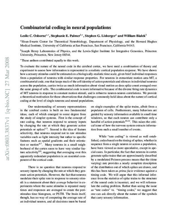 (PDF) Combinatorial coding in neural populations