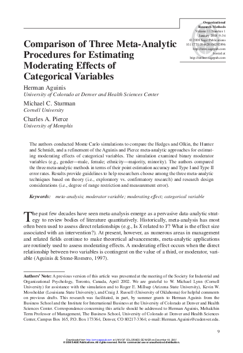 (PDF) Comparison of three meta-analytic procedures for estimating moderating effects of ...