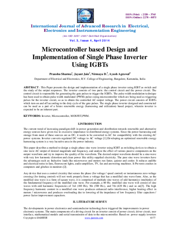 Pdf Microcontroller Based Design And Implementation Of Single Phase Inverter Using Igbts