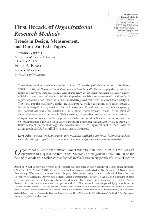 (PDF) First Decade of Organizational Research Methods: Trends in Design ...