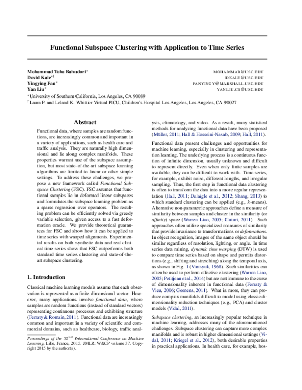 (PDF) Functional Subspace Clustering with Application to Time Series