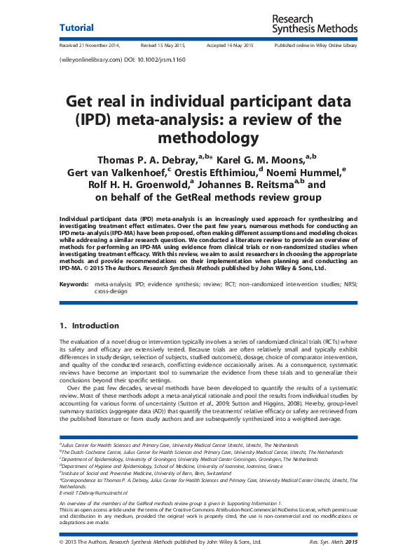 (PDF) Get real in individual participant data (IPD) meta-analysis: a review of the methodology.
