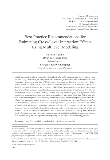 Pdf Recommendations For Estimating Cross Level Interaction Effects Using Multilevel Modeling