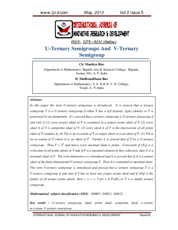 (PDF) U-Ternary Semigroups And V-Ternary Semigroup