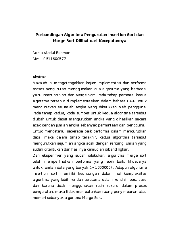 Doc Perbandingan Algoritma Pengurutan Insertion Sort Dan Merge Sort Dilihat Dari Kecepatannya
