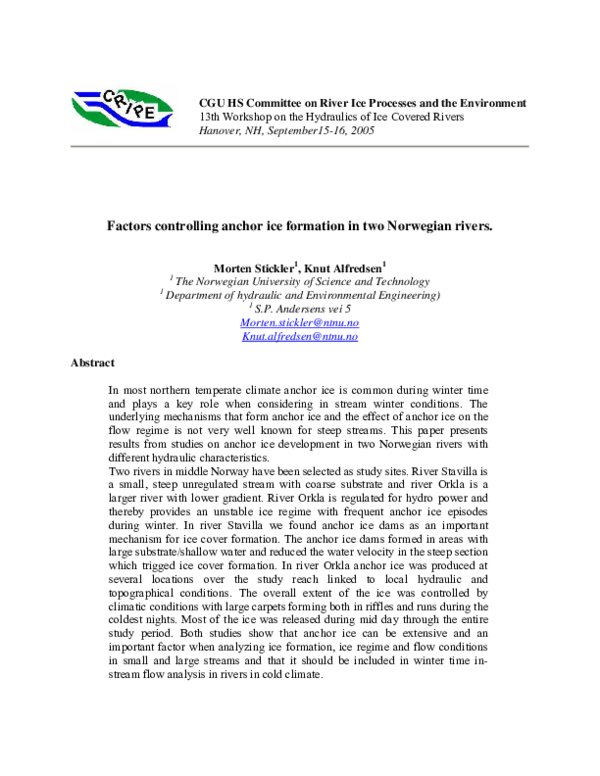 (PDF) Factors controlling anchor ice formation in two Norwegian rivers