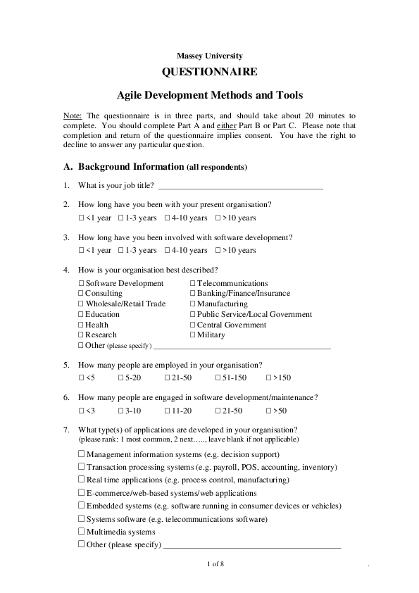 (PDF) QUESTIONNAIRE Agile Development Methods and Tools