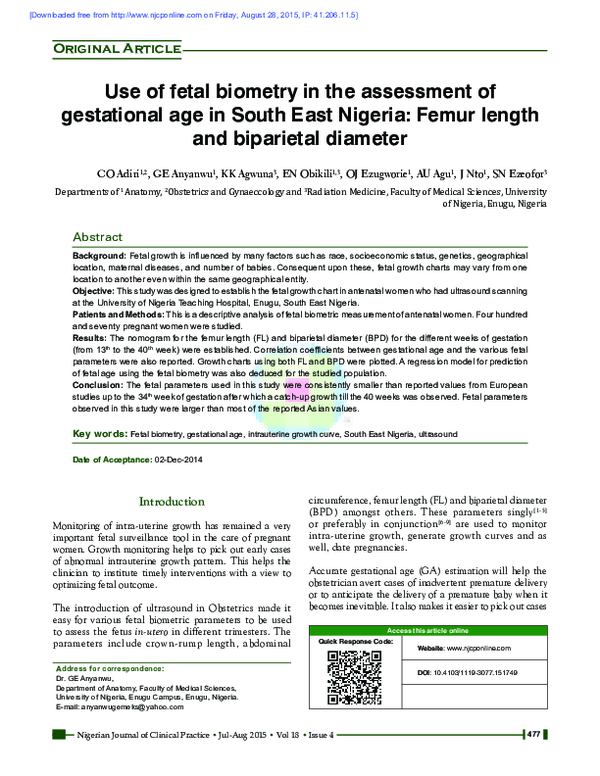 (PDF) Use of fetal biometry in the assessment of gestational age in ...