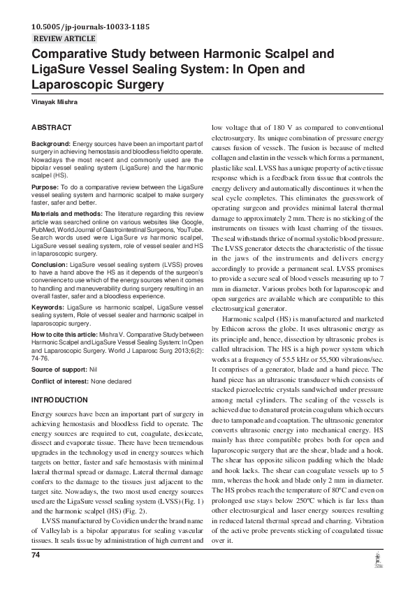 (PDF) Comparative Study between Harmonic Scalpel and LigaSure Vessel ...