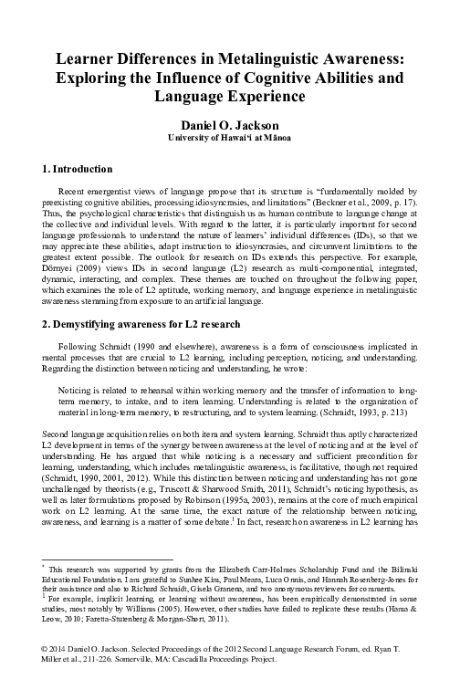 Pdf Learner Differences In Metalinguistic Awareness Exploring The Influence Of Cognitive