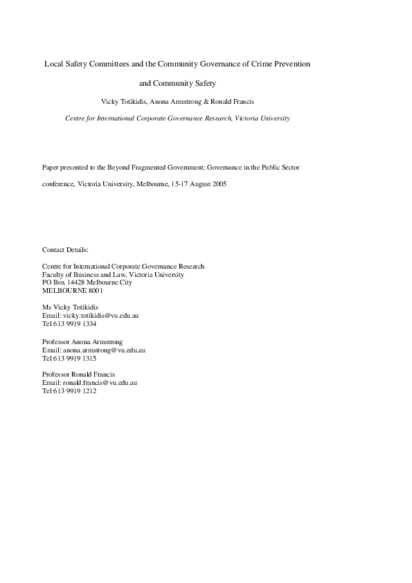 (PDF) Local Safety Committees and the Community Governance of Crime ...
