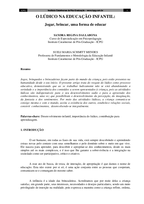 Pdf O Lúdico Na Educação Infantil Jogar Brincar Uma Forma De Educar
