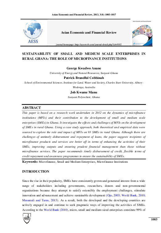 (PDF) SUSTAINABILITY OF SMALL AND MEDIUM SCALE ENTERPRISES IN RURAL GHANA: THE ROLE OF ...